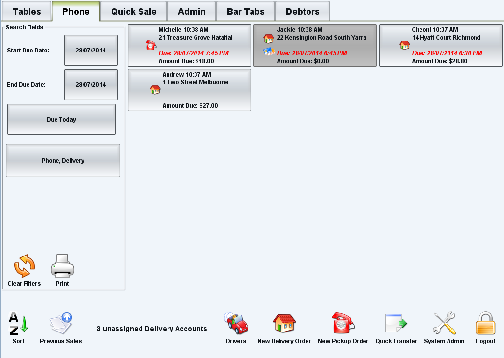 Placing 'Delivery' Phone Orders